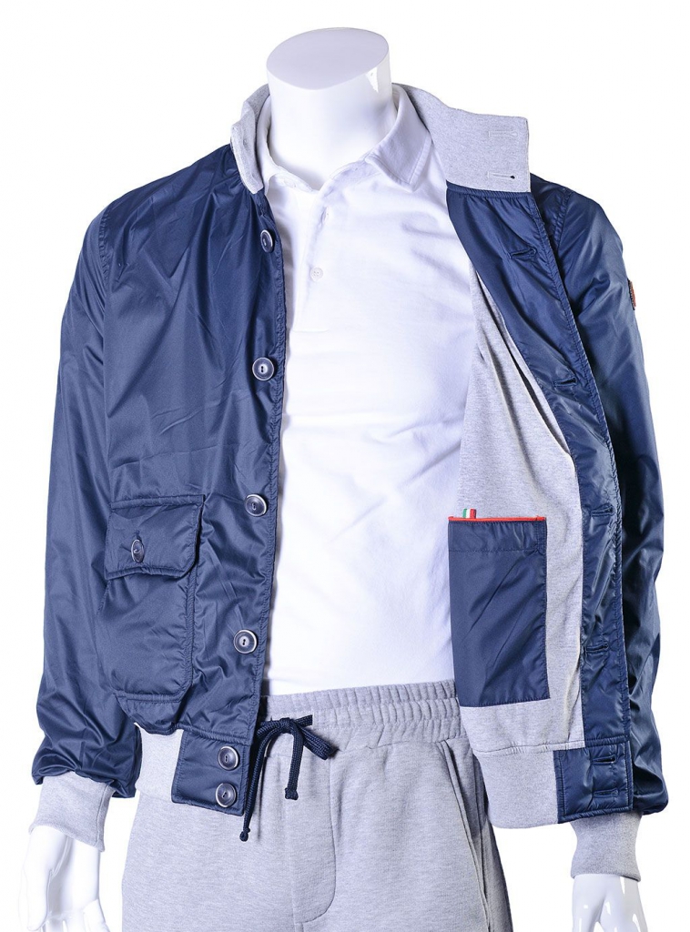 Button-down bomber jacket with sweatshirt trim